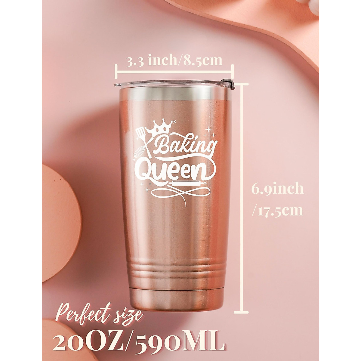 Onebttl Baking Gifts for Women, Insulated Stainless Steel Wine Tumbler with Lid, For Baking Queen on Birthday, Christmas, Rose Gold, (20 oz)