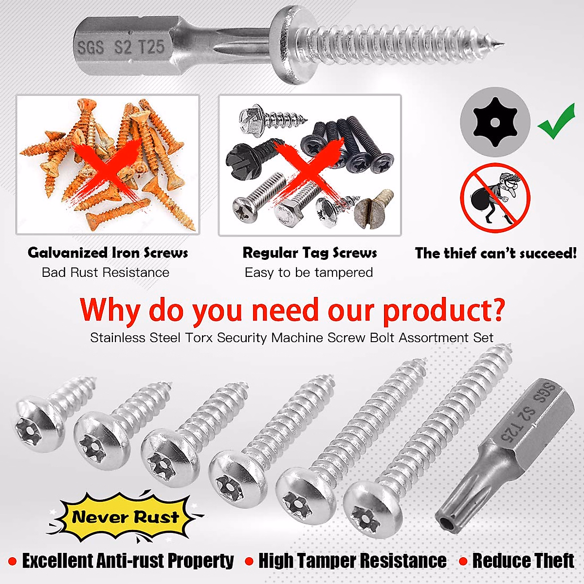 Hilitchi 210 Pcs #10 Stainless Steel Button Head Torx Sheet Metal Screws Silver Security Anti-Theft Tamper Proof Screws Assortment Kit with Screwdriver Bit T25 (#10 x 1/2" ~ #10 x 1-1/2")
