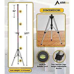 AdirPro Laser Level Pole with Tripod and Mount for Laser Levels, Rotary Lasers & Line Lasers – Telescoping Laser Pole, Mounting Bracket with 1/4”-20 & 5/8-11 Threads, and Adjustable Tripod Stand