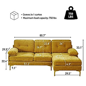 80.7"Modern Sectional Sofa ,Loveseat Sofa Couch for Living Room,Apartment and Small Space,Chenille L-Shaped Sofas with Solid Wood Frame,Removable cushions,Wide Armrest，Easy to Assemble（Yellow）