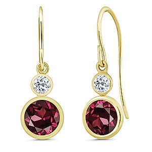 Gem Stone King 14K Yellow Gold Red Rhodolite Garnet and White Topaz Drop Dangle Earrings For Women (2.28 Cttw, Gemstone January Birthstone, Round 6MM and 3MM)