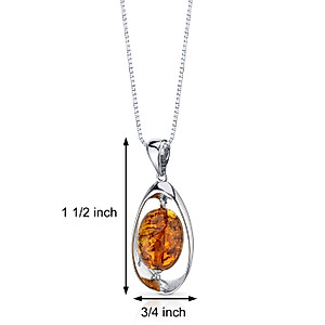 PEORA Genuine Baltic Amber Floating Solitaire Pendant Necklace for Women 925 Sterling Silver, Rich Cognac Color, Oval Shape, with 18 inch Chain