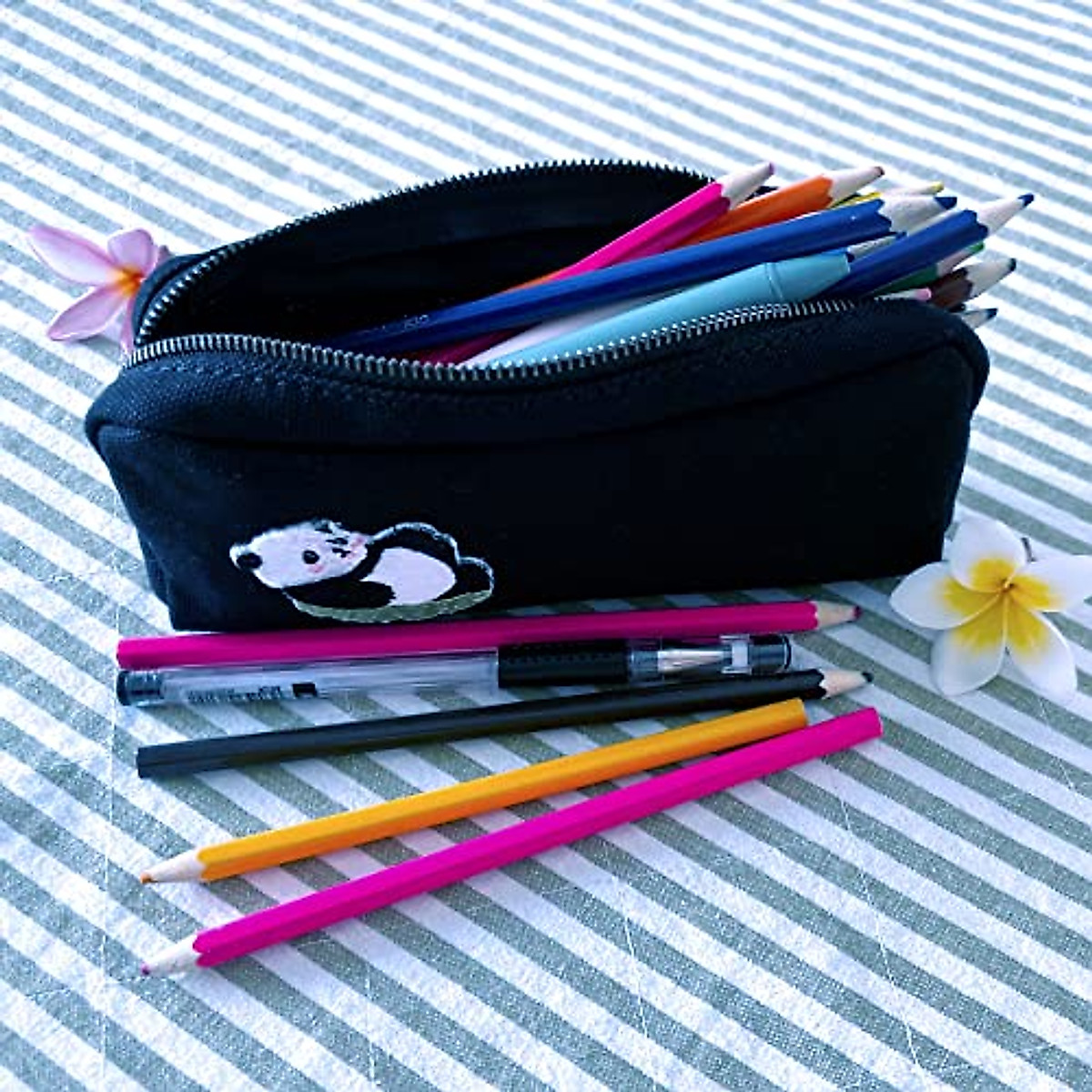 CATCH ON Cute Small Pencil Case Simple Durable Canvas Pen Pencil Bag Cosmetic Pouch Office School Stationery Organizer For College Students Kids Adults (Black-panda)