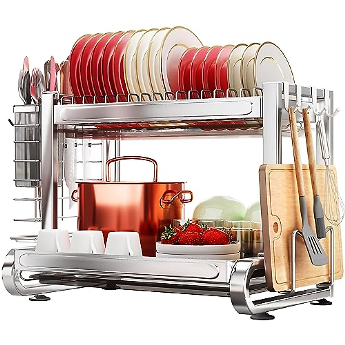 Dish Drying Rack, Stainless Steel Dish Rack, Rustproof Dish Drainers for Kitchen Counter, Multifunctional 2 Tier Dish Drainers Organizer with Drainboard & Utensil Holder
