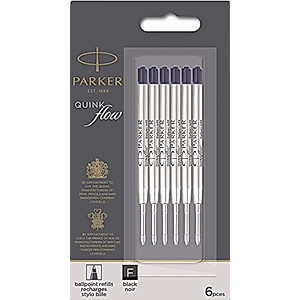 Parker QUINKflow Ballpoint Pen Ink Refills, Fine Tip, Black, 6 Count Value Pack (2025155)