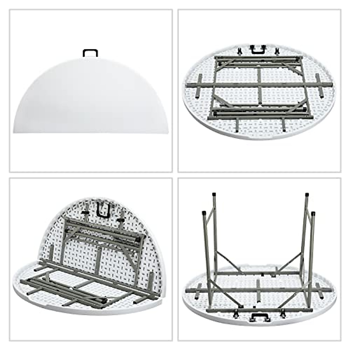 ALIMORDEN 4ft Round Bi-Folding Camp Picnic Table, 48" Portable Plastic Dining Table, Event Commercial Table, Indoor&Outdoor Heavy Duty Trestle Table for Wedding, Party, Garden, Patio, White Granite