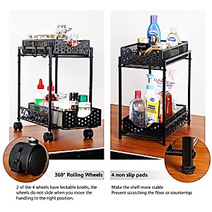 1 Pack Metal Under Sink Organizers and Storage - 2 Tier Bathroom Under Sink Organizers with Sliding Drawer Storage Kitchen Adjustable Under Sink Cabinet Organizer Sliding Countertop with Wheels,Hooks