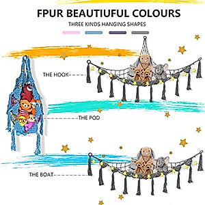 Salamanda Stuffed Animal Net or Hammock with wall decal and star LED Light, Boho Toy Hammock Hanging Stuffed Animal Storage Net Organizer Holder for Bedroom, Nursery (A-Grey)