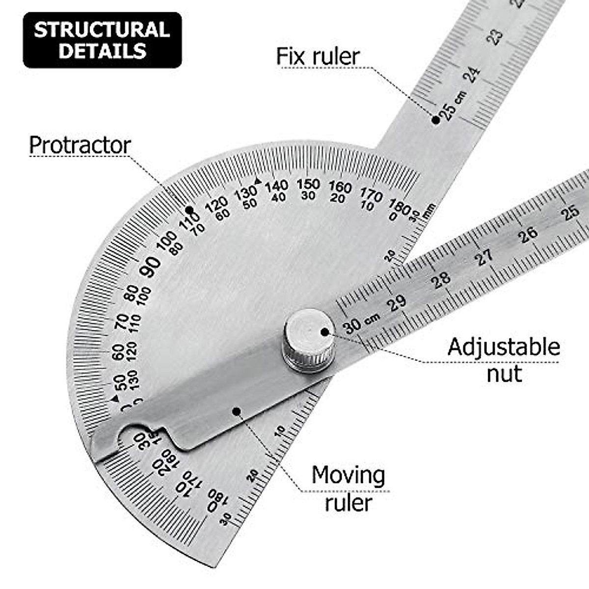 Outus Angle Protractor Angle Finder Ruler Two Arm Stainless Steel Protractor Woodworking Ruler Angle Measure Tool with 0-180 Degrees (30 cm/ 11.8 Inch)