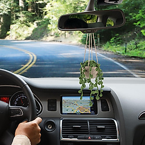 Crochet Hanging Plants, Succulent Car Plants, Mini Macrame Plant Car Accessories Rear View Mirror Charm Cute Hanging Rearview Car Decor Boho Hanger Gifts for Plant Lover 1