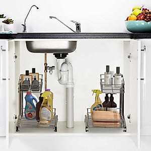 Coralov Pull Out Cabinet Organizer, 9 INCH Under Sink Slide Out Storage Shelf with 2 Tier Sliding Wire Drawer