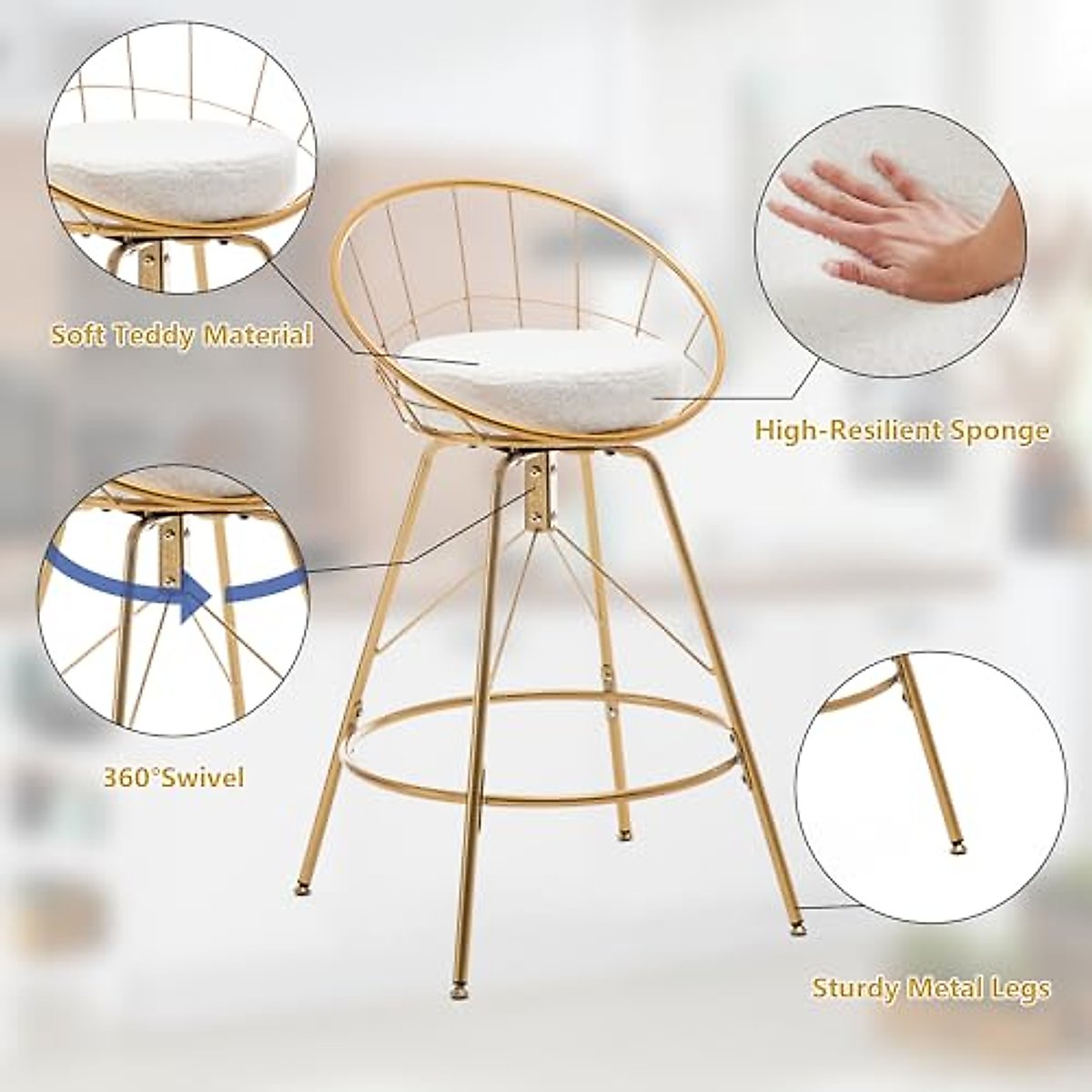 Aklaus 26" Sherpa Boucle Bar Stools Set of 2 Swivel Counter Height Bar Stools with Round Seat,Gold Bar Stools with Backs,Modern Teddy White Barstools,Kitchen Island Dining Bar Stools Chairs