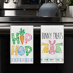 Artoid Mode Hip Hop Bunny Treats Egg Carrots Rabbit Easter Kitchen Towels Dish Towels, 18x26 Inch Seasonal Holiday Decoration Hand Towels Set of 2