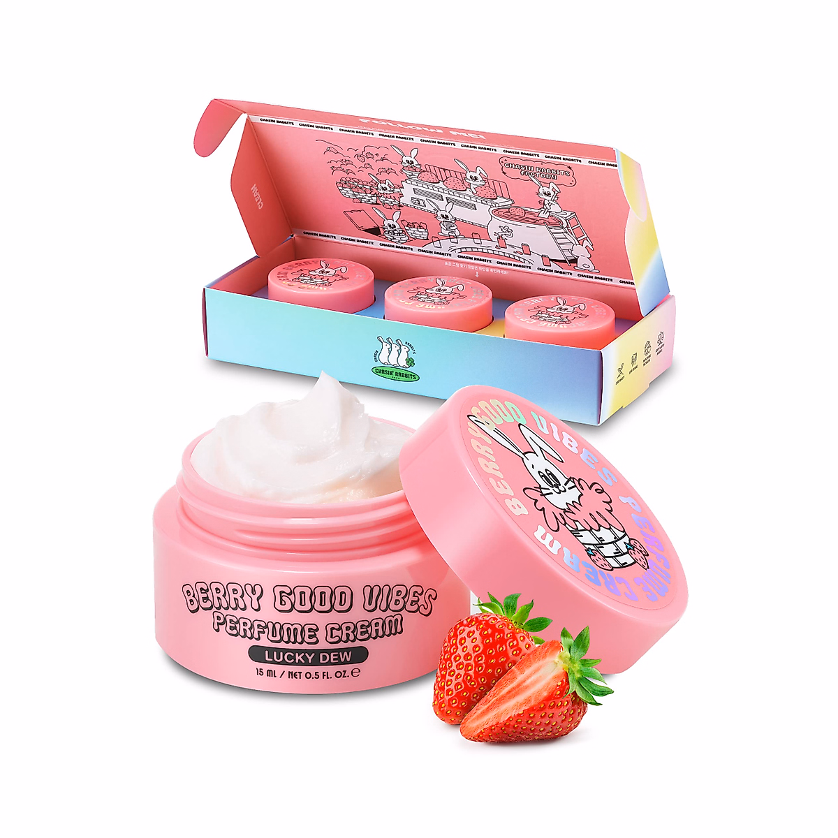 CHASIN' RABBITS Berry Good Vibes Perfume Moisturizer Face Cream | Facial Moisturizer Korean Face Cream Perfume Set | Face Moisturizer for Dry Skin Cream w/Ceramide & Strawberry Stem (0.50 oz x 3)