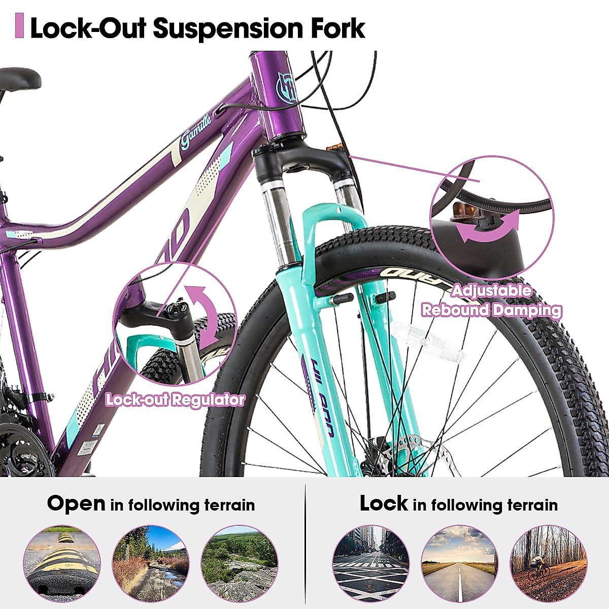 HH HILAND 26 Inch Mountain Bike for Women, 21 Speed with Lock-Out Suspension Fork, Dual Disc Brakes, Aluminum Frame MTB, Adult Ladies Womens Bike Mens Bicycle