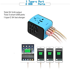 Universal Travel Adapter,All in One Universal Power Adapter for 150 Countries 3usb+Type C (Black)