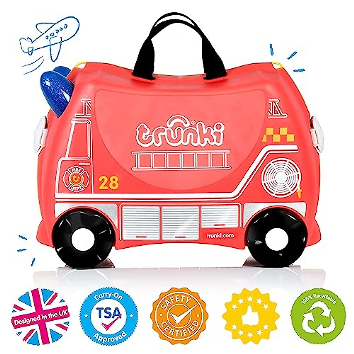 Trunki Kids Ride-On Suitcase & Toddler Carry-On Airplane Luggage for Children Aged 3-6 : Frank Fire Truck Red