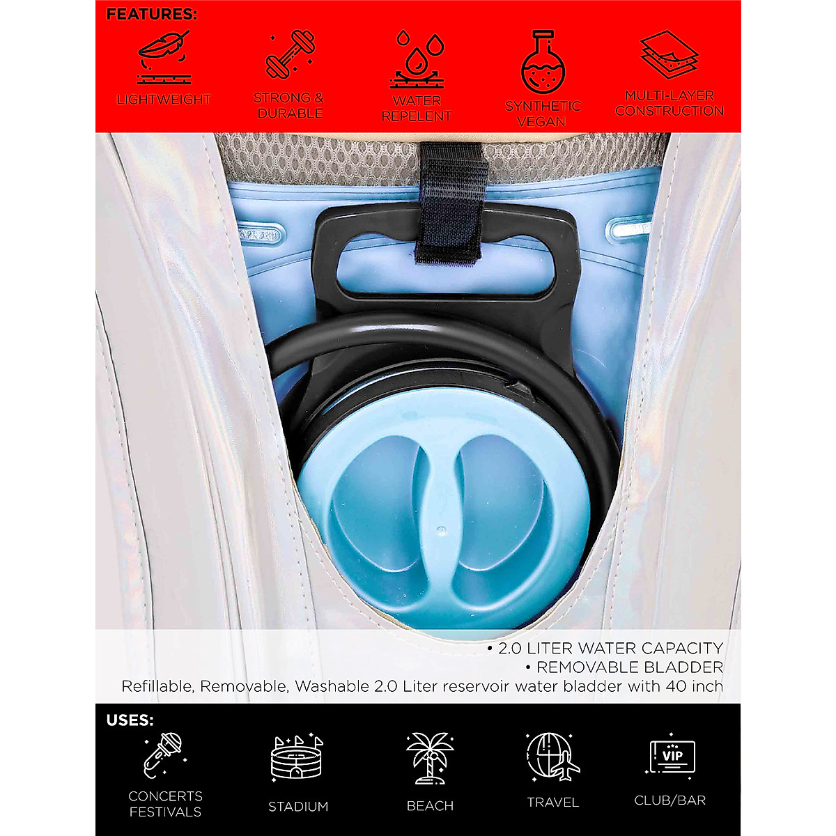 Fydelity Festival Hydration Backpack ANGEL WINGS Hydration Pack Festival Gear Retro Hydration Pack Backpack for Men and Women Hydrapak Water Backpack Festival backpack - Silver Metallic