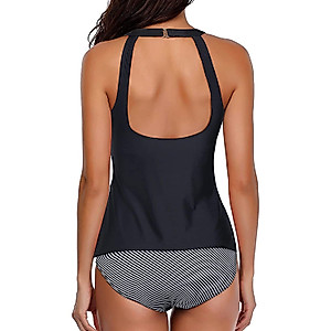 Holipick Women Black Tankini Swimsuits High Neck Swim Tank Tops Tummy Control Two Piece Bathing Suits Halter Swimwear XL