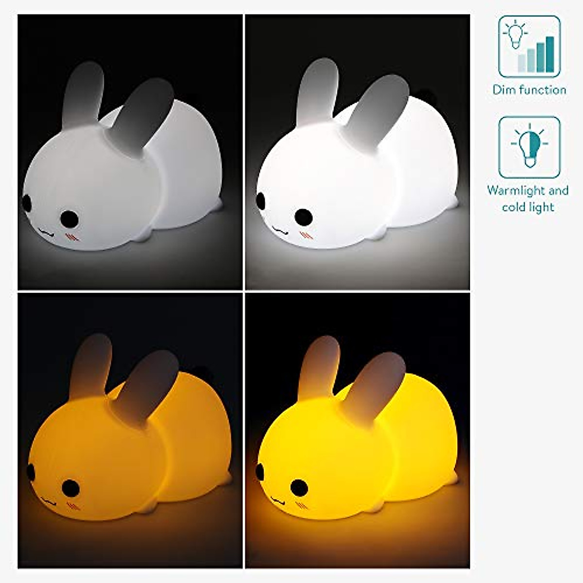 Navaris Bunny Night Light for Kids - Rechargeable Dimmable LED Lamp for Baby Nursery, Girls or Boys Bedroom - BPA-Free Silicone - Snow White Rabbit