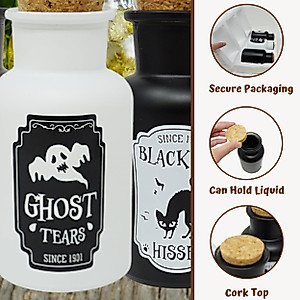 4E's Novelty Set of 3 Glass Decorative Apothecary Potion Bottles Halloween Tabletop Mantle Decorations, Halloween Witch Farmhouse Decor for Tiered Tray Table Centerpiece