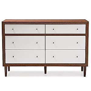 Baxton Furniture Studios Harlow Mid-Century Wood 6 Drawer Storage Dresser, Medium, White and Walnut