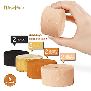 NICROHOME Thanksgiving Party Decorations, 8 Rolls Gold Orange Crepe Paper Streamers, Black Tassels Paper for Retro Parties, Birthday, Harvest Party Supplies, Fall Wedding Party Decorations