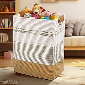 AINUOQI Laundry Hamper - 85L Large Laundry Basket with Leather Handles, Decorative Storage Basket for Blankets - Cotton Rope Woven Baskets for Storage, Clothes Hamper for Living Room, Jute & White