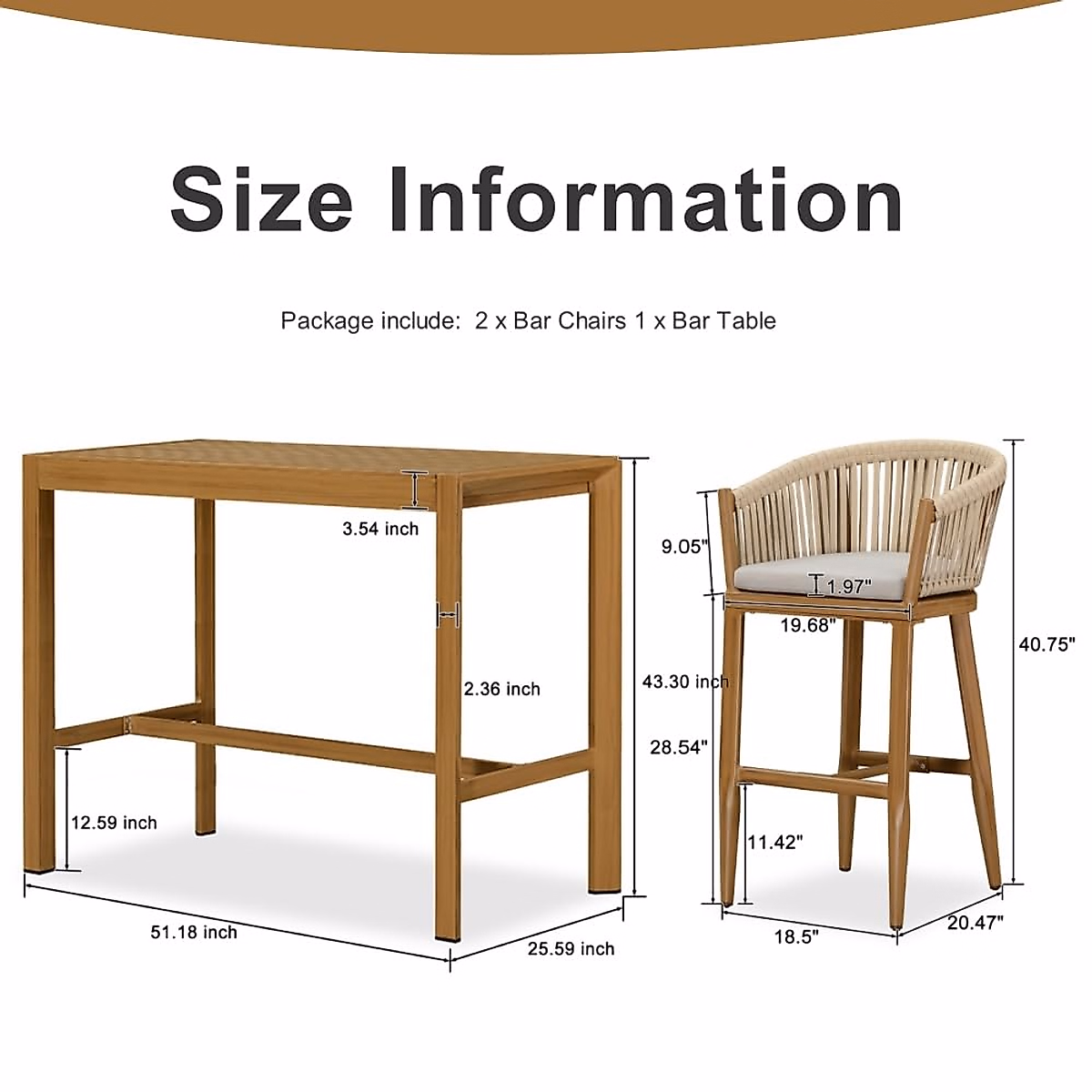 PURPLE LEAF 3 Pieces Outdoor Bar Height Stools Set Patio Aluminium Modern Wicker Bar Chairs and High Top Bar Table for Balcony Garden Indoor Kitchen Poolside Teak