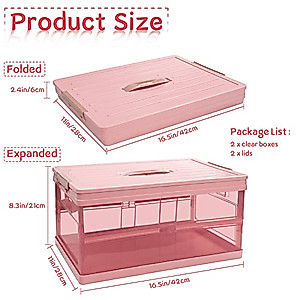 DSVENROLY 2Pcs Foldable Plastic Storage Box With Lid, Upgrade Multifunction Transparent Collapsible Storage Bins, Stackable Clear Latch Storage Box with Handle, Folding Plastic Containers (Pink)