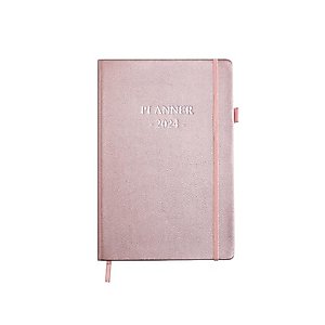 2024 Planner - Weekly Planner with Monthly Pages, 5.6" x 8.2", Vegan Leather Hardcover, Elastic Band and Pen Holder, Rose