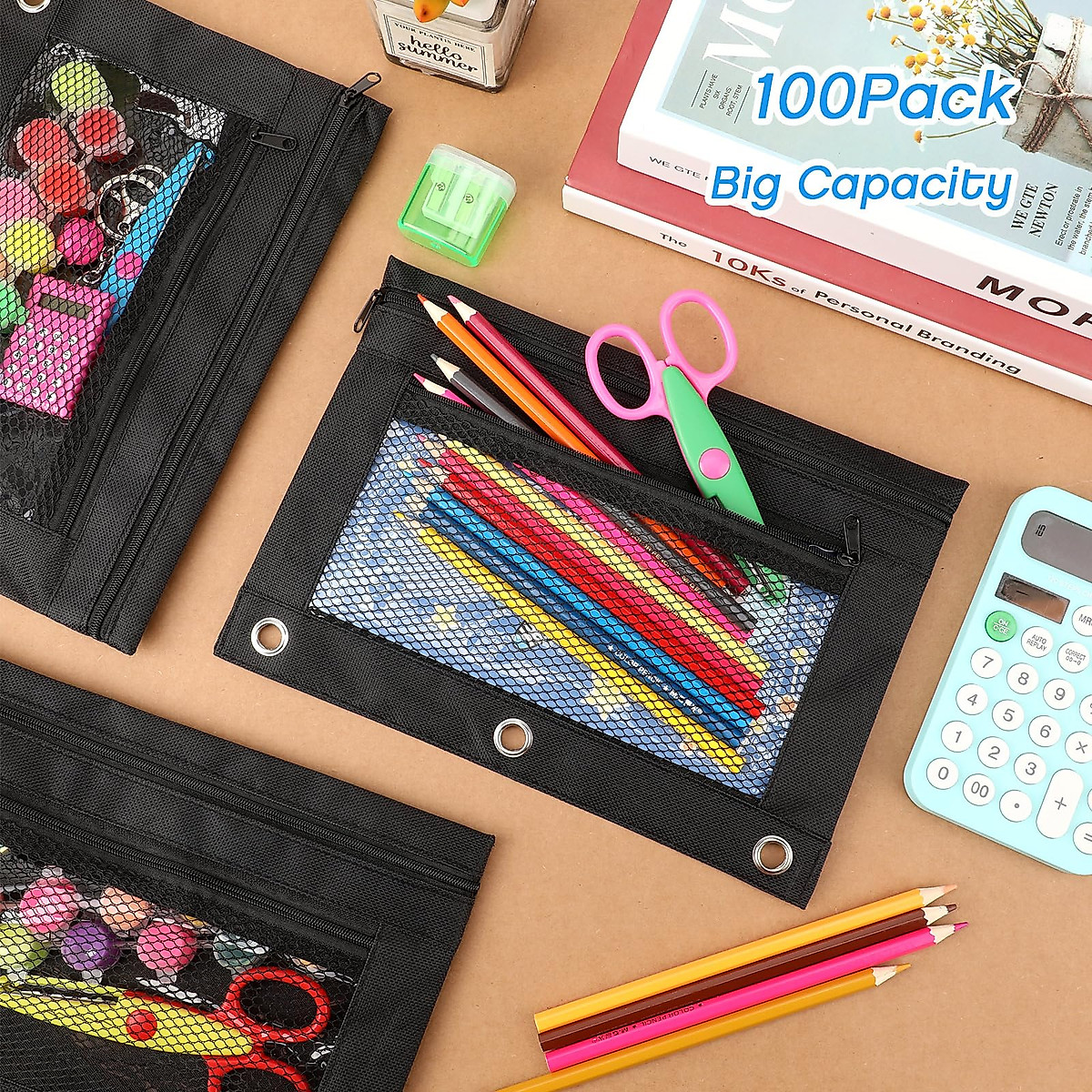 Tinlade 100 Pcs 3 Ring Binder Pencil Pouches Zipper Pouches Case with Mesh Window Ring Binder Pencil Bags Case for Christian Charity Donation Supplies