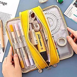 ORPHEUS Large Pencil Case Big Capacity 3 Compartments Canvas Pencil Pouch for Teen Boys Girls School Students (Yellow)