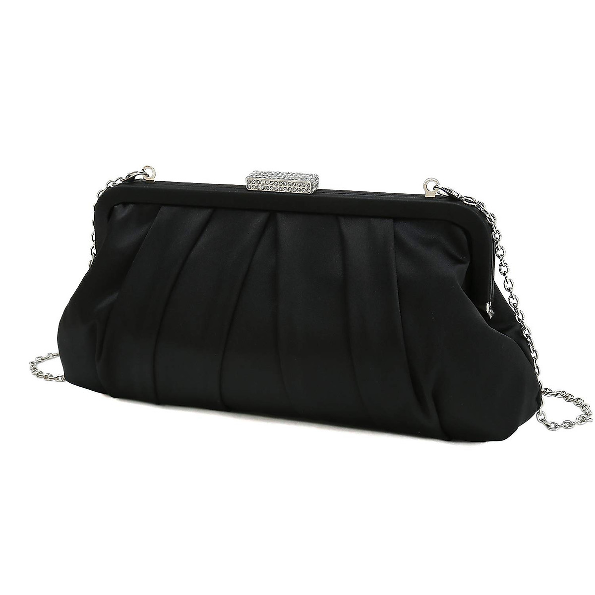 CHARMING TAILOR Classic Pleated Satin Clutch Bag Diamante Embellished Formal Handbag for Wedding/Prom/Black-Tie Events (Black)