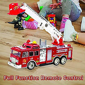 Toysery Remote Control Fire Truck Toy, Realistic Rc Trucks Toddler Toys, Siren Head Toy with Vivid Lights, Bump and Go Red Fire Trucks for Kids, Big Fire Truck with Extending Fire Ladder
