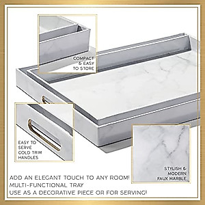 American Atelier Set of 2 Marble Finish Rectangular Serving Tray with Gold Trim Handles- Indoor & Outdoor Platter for Home Entertaining, Cocktails, Snacks, Barware, Perfume (Large 19x14, Small 18x12)