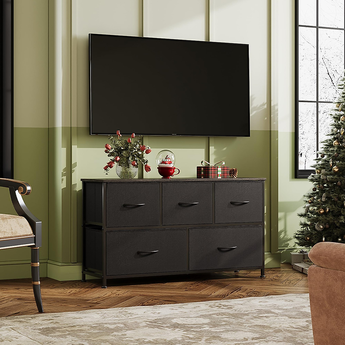 WLIVE Dresser for Bedroom with 5 Drawers, Wide Chest of Drawers, Fabric Dresser, Storage Organizer Unit with Fabric Bins for Closet, Living Room, Hallway, Charcoal Black