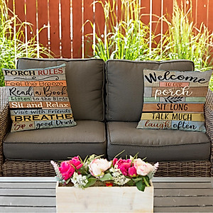 Jartinle Decorative Outdoor Pillow Covers Porch Rules Sign Farmhouse Throw Pillow Covers, Square Linen Patio Cushion Cases for Couch Bench Seat Chair Car 18x18 Inch