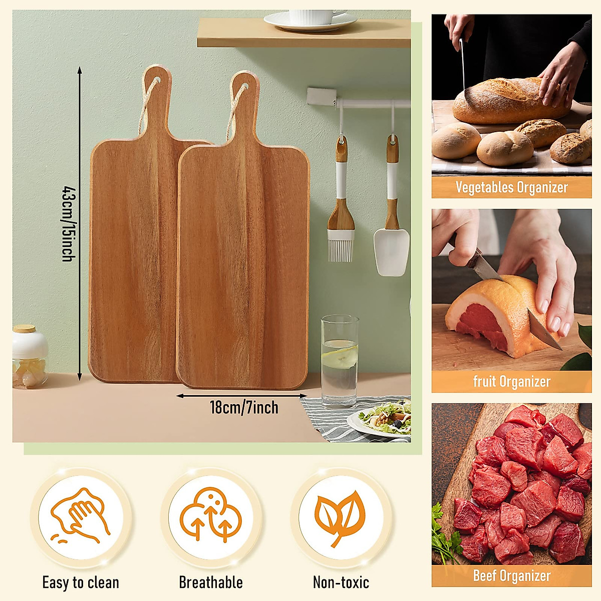 6 Pack Acacia Wood Cutting Board with Handle Wooden Kitchen Chopping Boards Large Wooden Charcuterie Boards Cheese Serving Board Wooden Cutting Board for Meat Cheese Bread Vegetables Fruit (17 x 7 In)