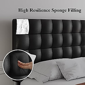 iPormis Full Size Platform Bed Frame, Faux Leather Upholstered Bed Frame with Square Tufted Headboard, Wood Slats Support, No Box Spring Needed, Easy Assembly, Black