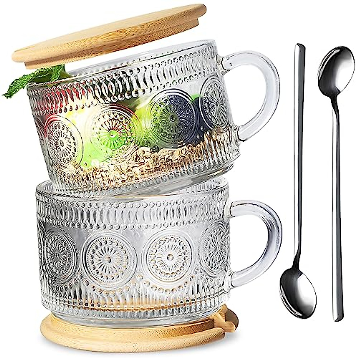 GMISUN Vintage Coffee Mugs, 14oz Glass Coffee Mug Set with Bamboo Lids, Large Clear Coffee Mug with Spoons, Big Coffee Cup Set with Handle, Clear Coffee Cups for Coffee, Iced Coffee (2 Pack)