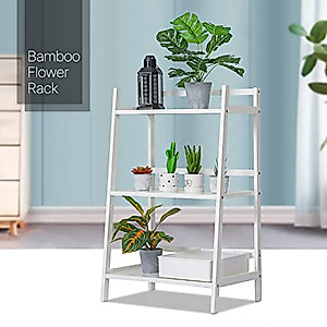 MoNiBloom Ladder Shelf for Plant Flower Book, Bamboo 3-Tier Trapezoid Storage Shelf Organizer for Living Room Balcony Kitchen Bathroom Home Office, White