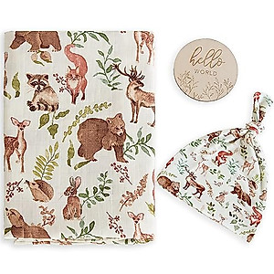 LifeTree Muslin Swaddle Blankets, Muslin Baby Boy Swaddle Blanket and Hat Set with Birth Announcement Card, Newborn Unisex Neutral Receiving Blankets Woodland Forest Animals