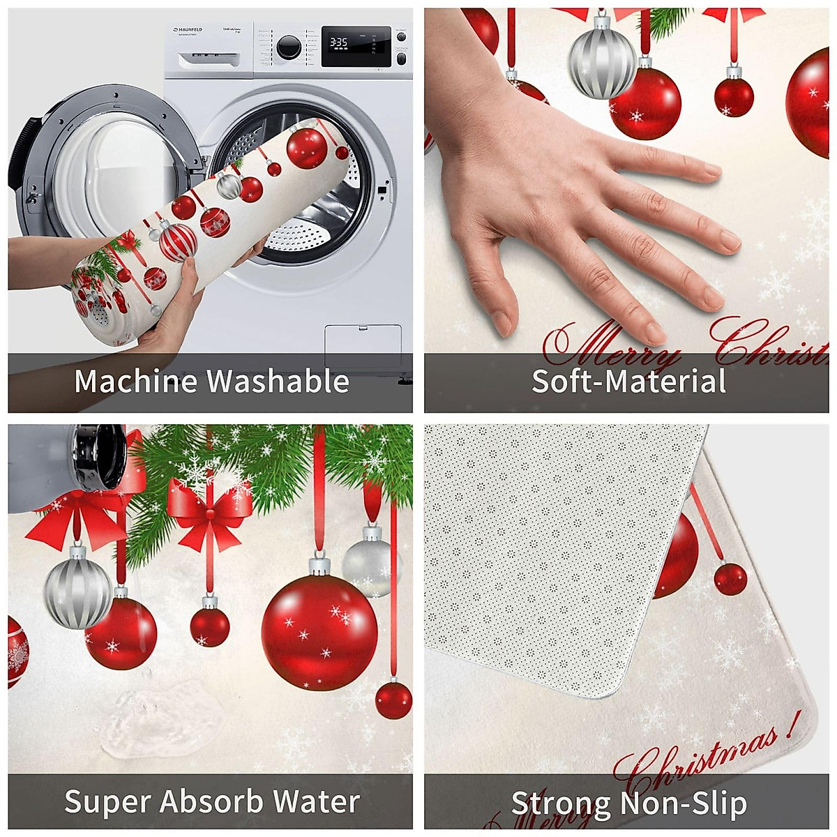 Bath Mat Fir Tree Red Ball Christmas Bathroom Rug Non Slip for Shower Soft Memory Foam 15.7 x 23.6 Inch Small Carpet Floor Runner Washable