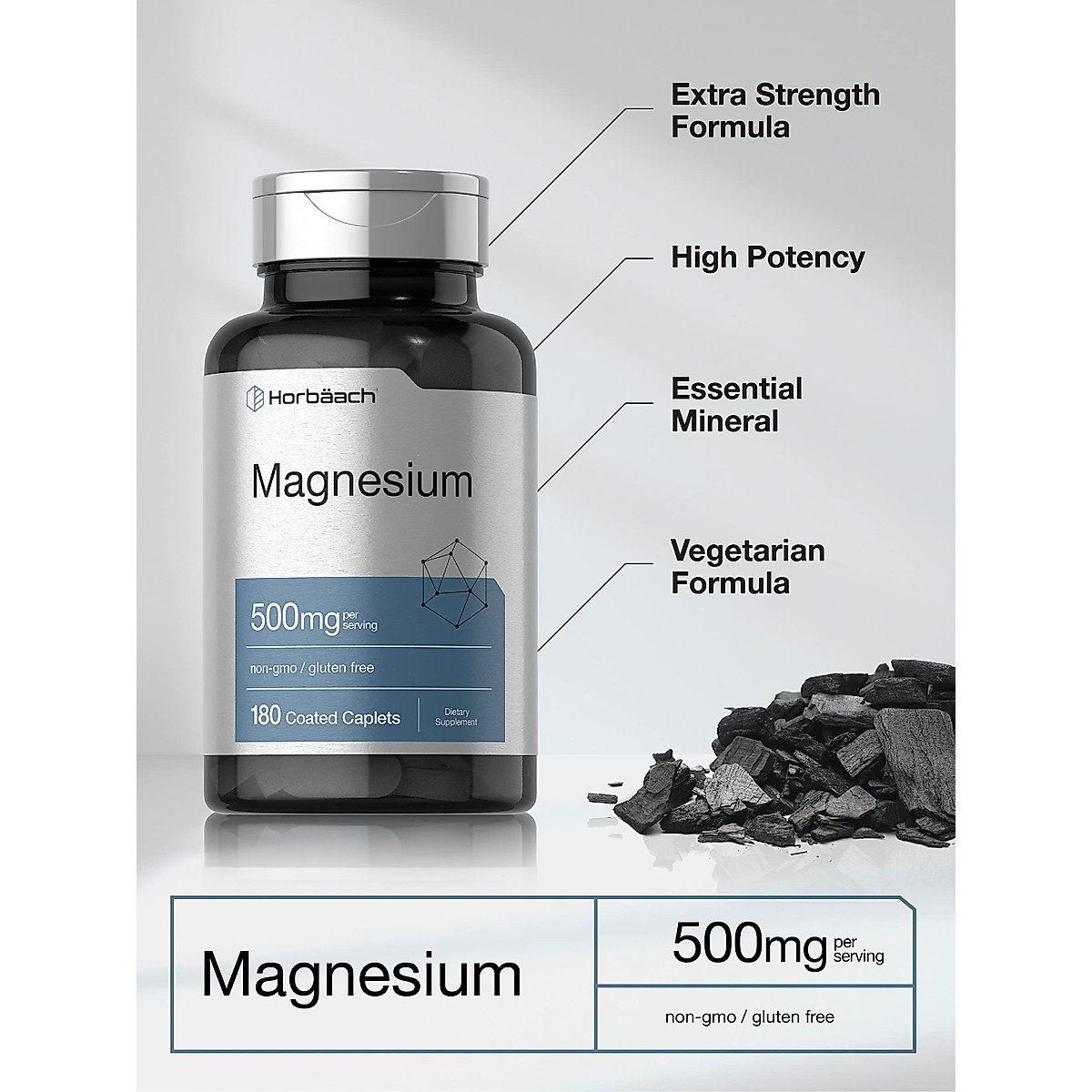 Horbäach Magnesium 500mg | 180 Caplets | Vegetarian, Non-GMO, and Gluten Free Supplement