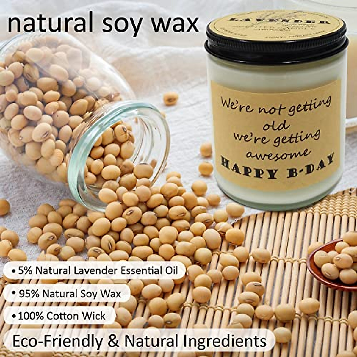 Candles Gifts for Women, Happy Birthday Candles Gifts for Her Mom Sister, 8oz Lavender Scented Candle, Soy Wax Jar Candles Birthday Gift for Friends Men Female Coworker with Wood Gift Box