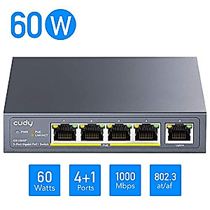 Cudy GS1005P 5 Port Gigabit PoE Switch, 4 PoE+ @60W, Desktop/Wall, Plug and Play, Sturdy Metal w/ Shielded Ports, Fanless, Traffic Optimization