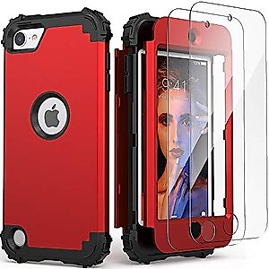 iPod Touch 7th Generation Case with 2 Screen Protectors, IDweel Hybrid 3 in 1 Shockproof Slim Heavy Duty Hard PC Cover Soft Silicone Rugged Bumper Full Body Case for iPod Touch 5/6/7th Gen, Red