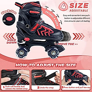 HXWY Kids Roller Skates for Boys Girls Child, Adjustable 4 Sizes Roller Skates for Kids and Youth with Light Up Wheels, Quad Black & Red Roller Skates for Sports (Little Kid 11J-1)
