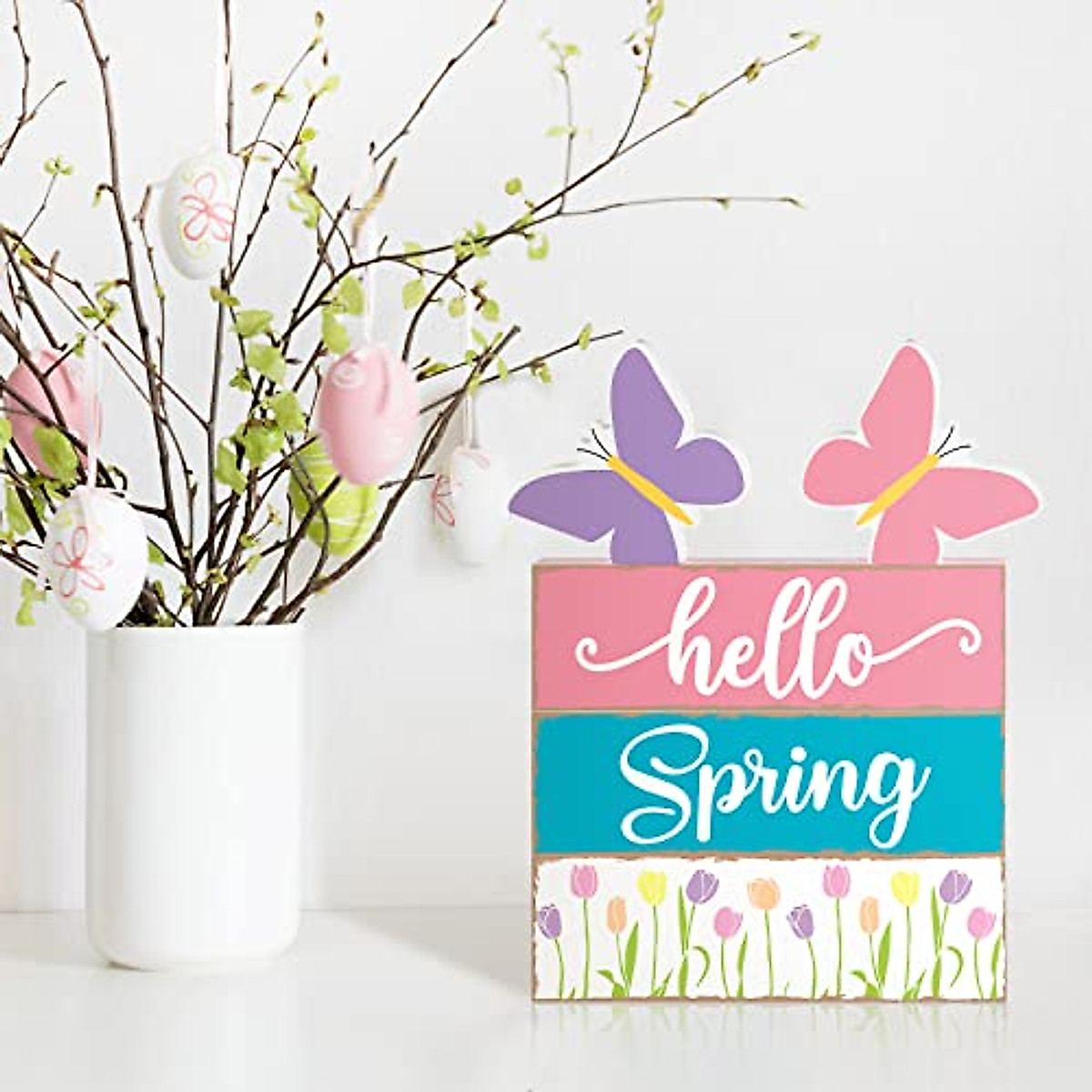 5 Pcs Hello Spring Tiered Tray Decorations Rustic Spring Table Decor Farmhouse Spring Decorations for Home Spring Wood Sign Hello Spring Table Centerpiece Standing Decor for Shelf Tabletop Fireplace